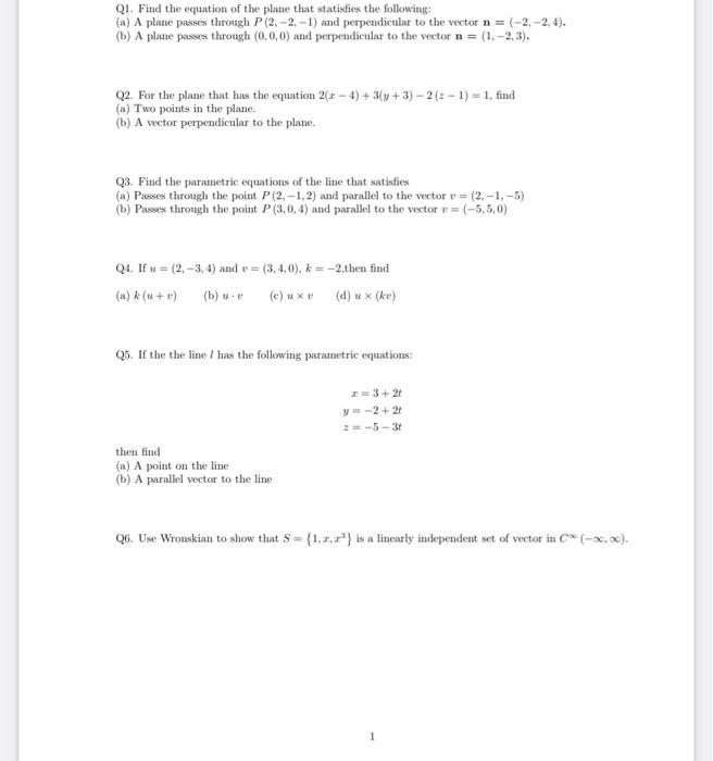 Solved Q1. Find the equation of the plane that statisfies | Chegg.com