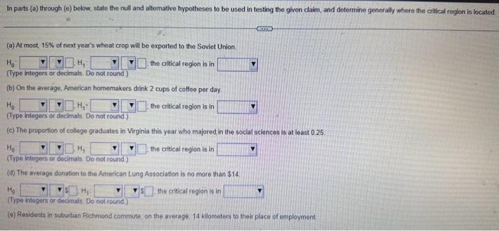 Solved In parts (a) through (e) below, state the null and | Chegg.com
