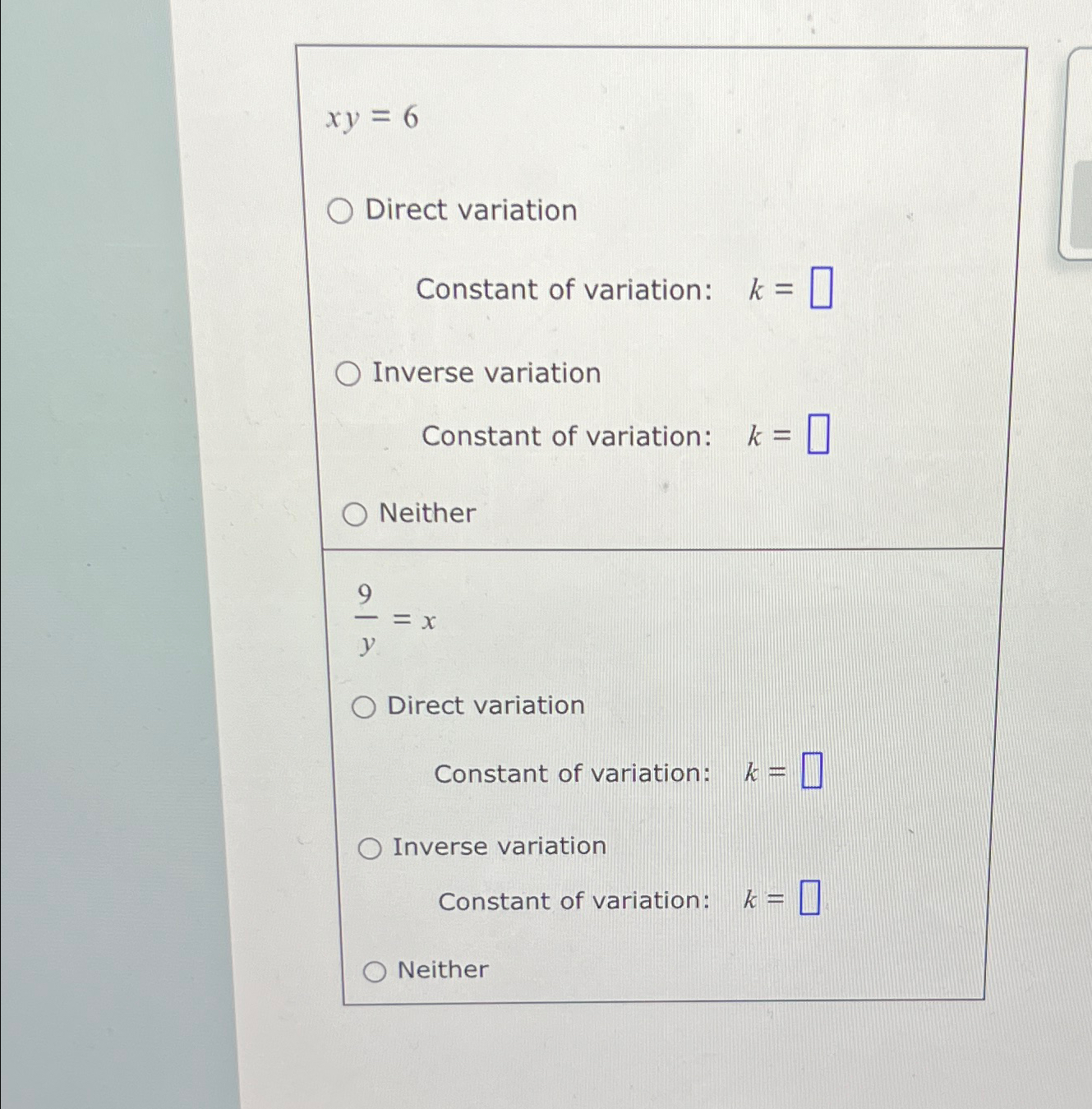 Solved Xy 6direct Variationconstant Of Variation K Inverse
