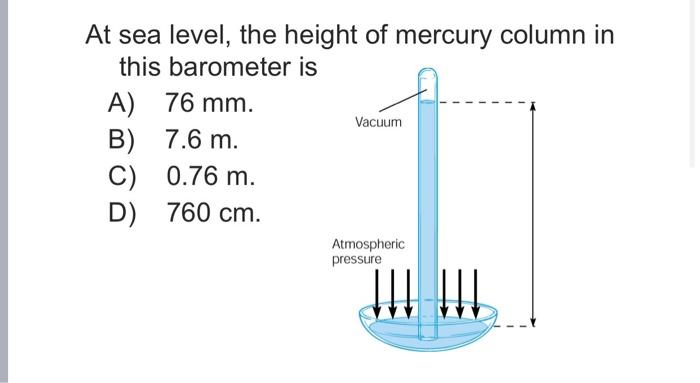 Solved At sea level, the height of mercury column in this | Chegg.com
