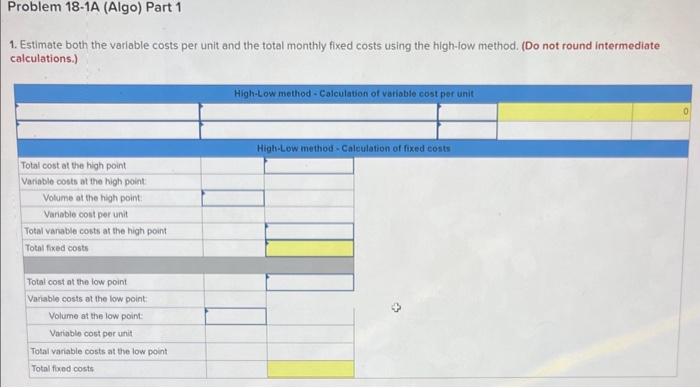 Solved Problem 18-1A (Algo) Measuring costs using high-low | Chegg.com
