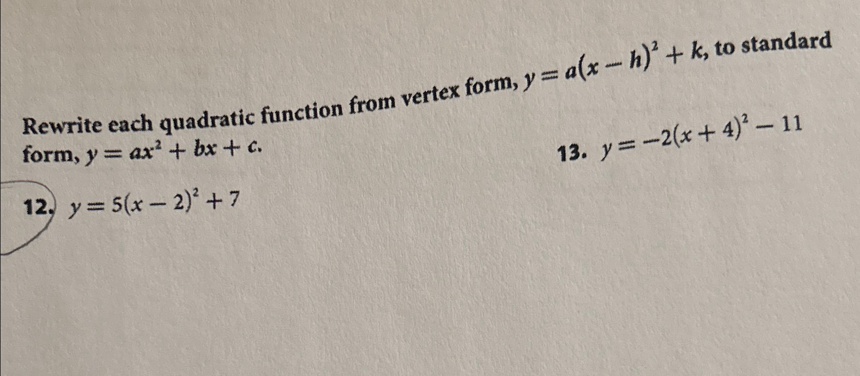 Solved Rewrite each quadratic function from vertex form, | Chegg.com