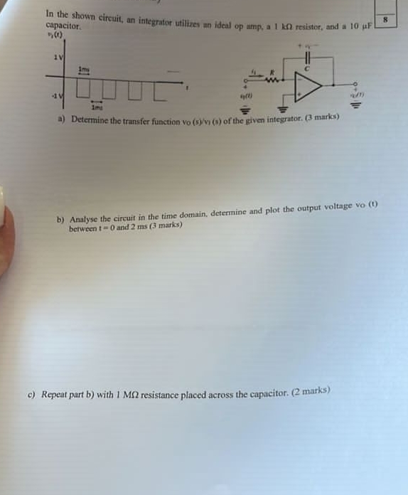 Solved In the shown circuit, an integrator utilizes an ideal | Chegg.com