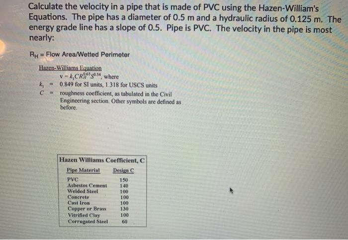 Solved Calculate the velocity in a pipe that is made of PVC | Chegg.com