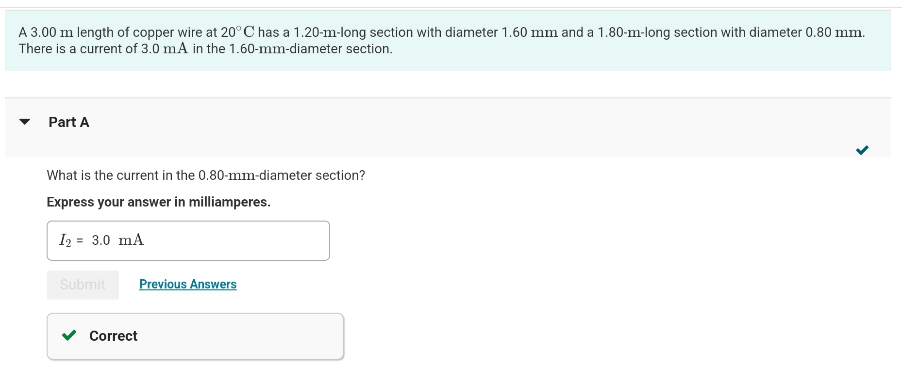 Solved A 3.00 m ﻿length of ﻿copper wire at 20°C ﻿has | Chegg.com