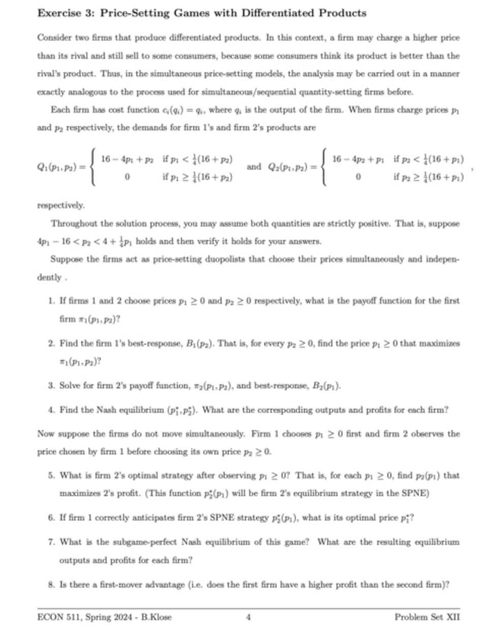 Solved Exercise 3: Price-Setting Games with Differentiated | Chegg.com