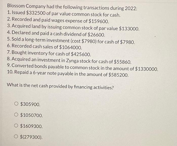 Solved Blossom Company had the following transactions during | Chegg.com