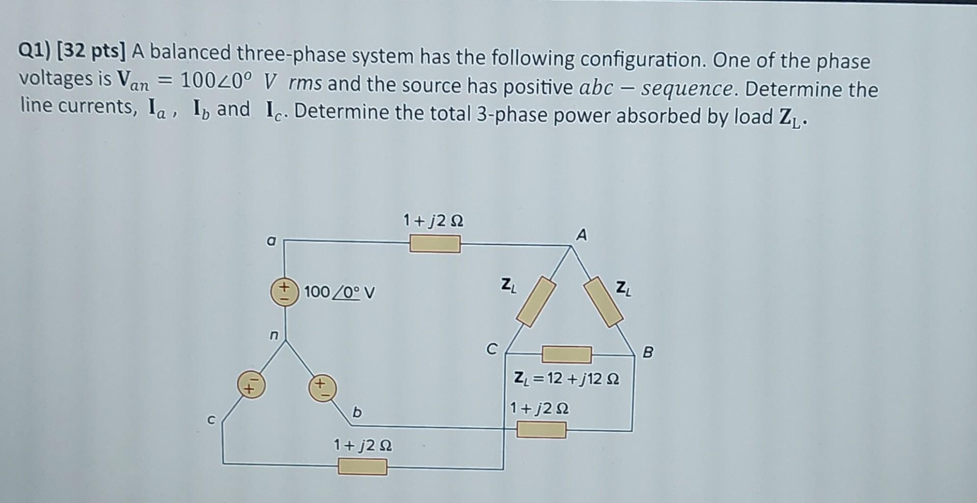 Solved Q1) [32 pts] A balanced three-phase system has the | Chegg.com