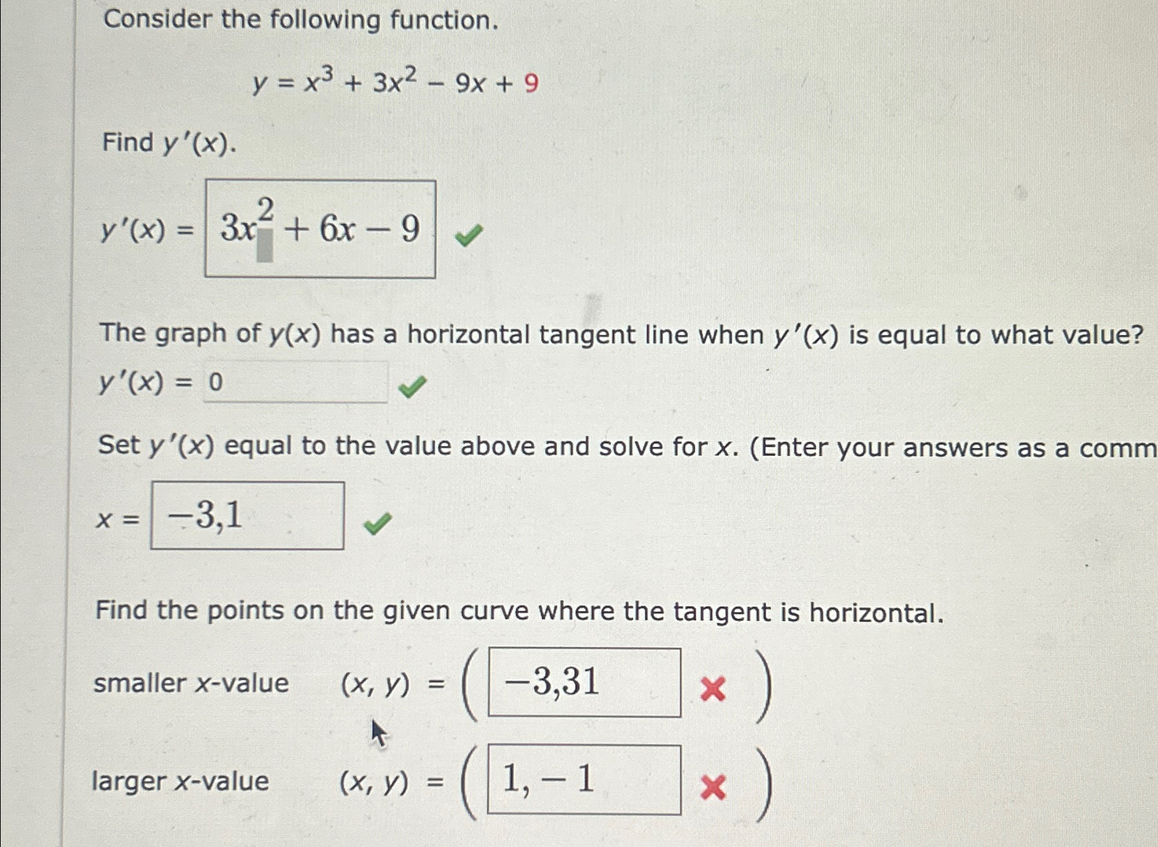 Solved Consider the following function.y=x3+3x2-9x+9Find | Chegg.com