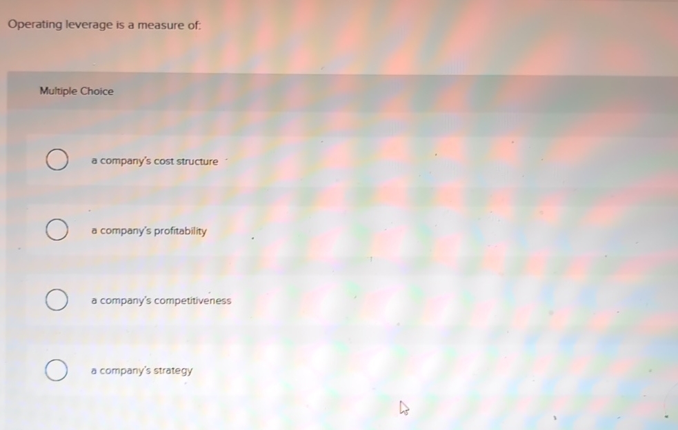 Solved Operating leverage is a measure of:Multiple Choicea | Chegg.com
