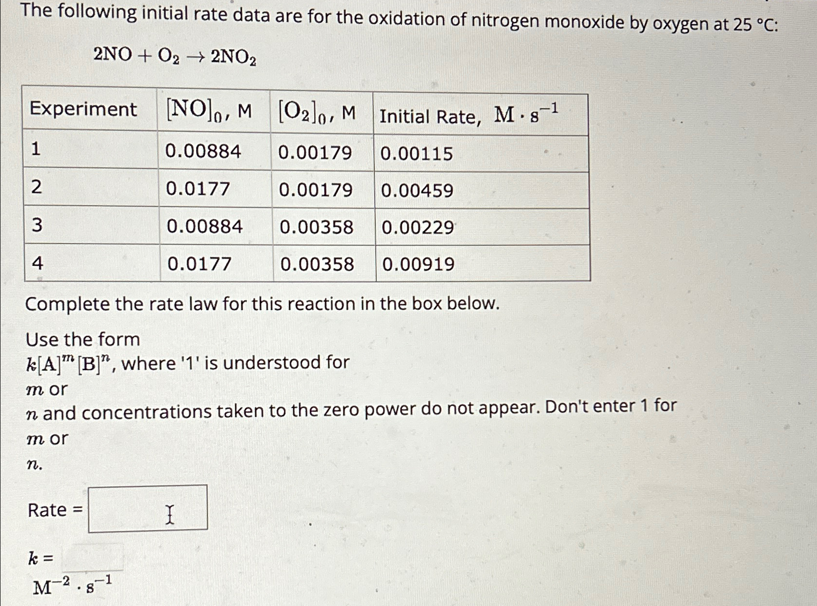 Solved The following initial rate data are for the oxidation | Chegg.com