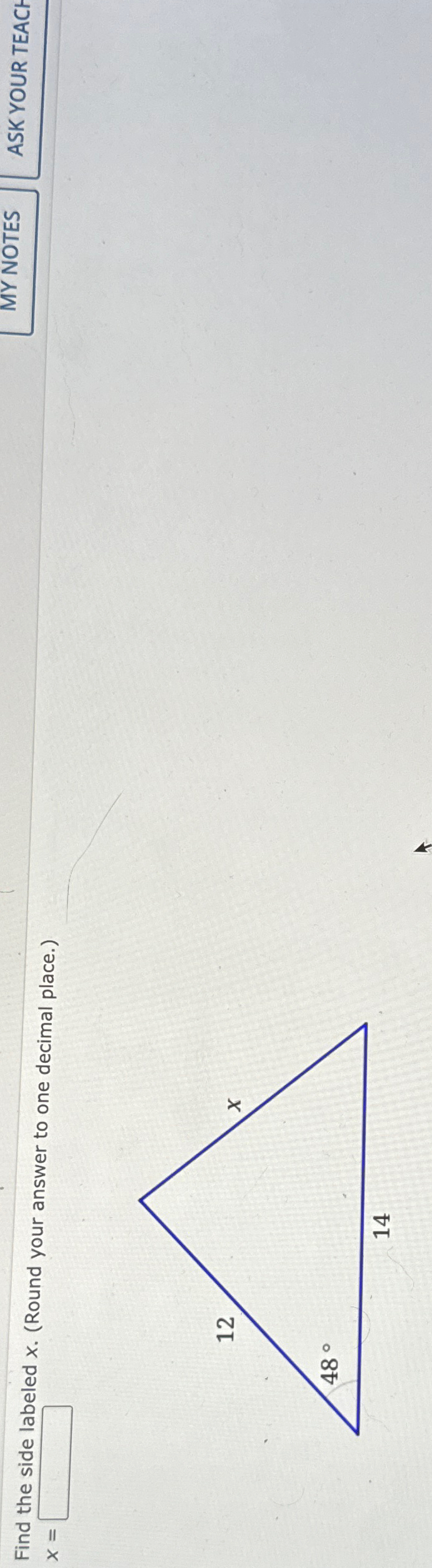 Solved Find the side labeled x. (Round your answer to one | Chegg.com