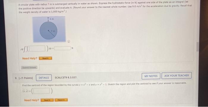 Solved A circular plate with radius 7 mis submerged | Chegg.com