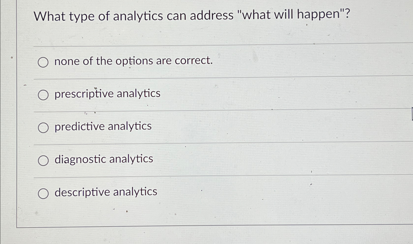 Solved What type of analytics can address "what will | Chegg.com