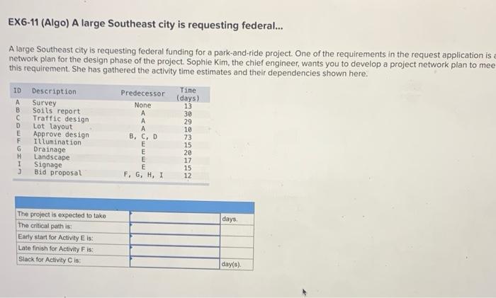 EX6-11 (Algo) A large Southeast city is requesting | Chegg.com