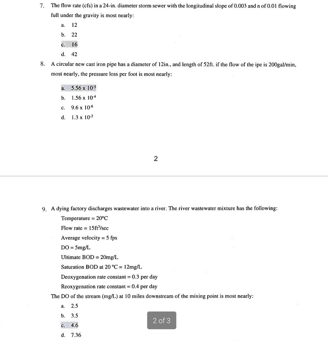 Solved 7. The flow rate (cfs) in a 24 -in. diameter storm | Chegg.com