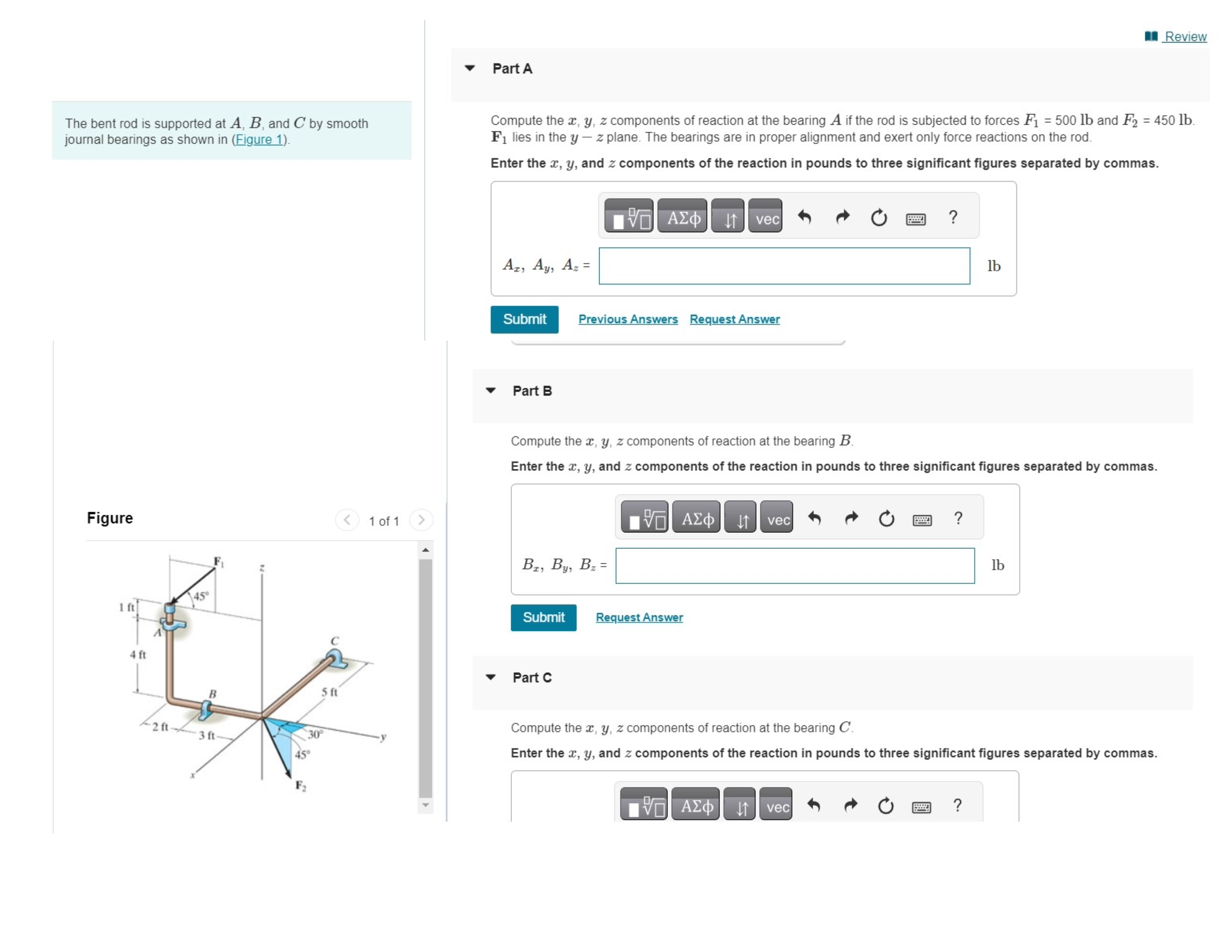 Solved Part AThe bent rod is supported at A,B, ﻿and C ﻿by | Chegg.com