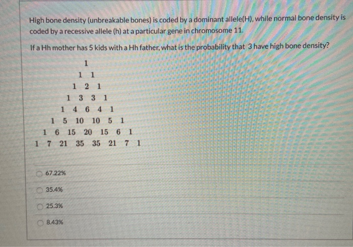 Solved High bone density (unbreakable bones) is coded by a | Chegg.com