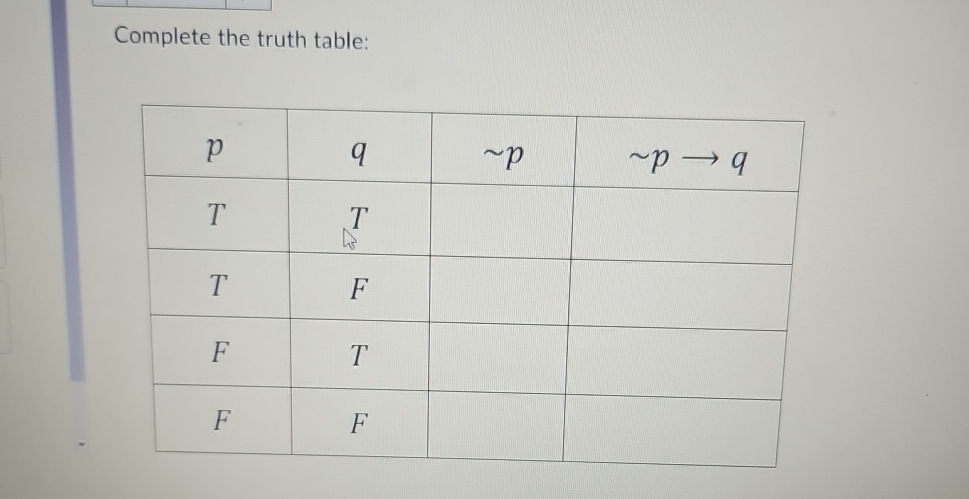 Solved Complete the truth table:\table[[p,q,∼p,∼p→q | Chegg.com