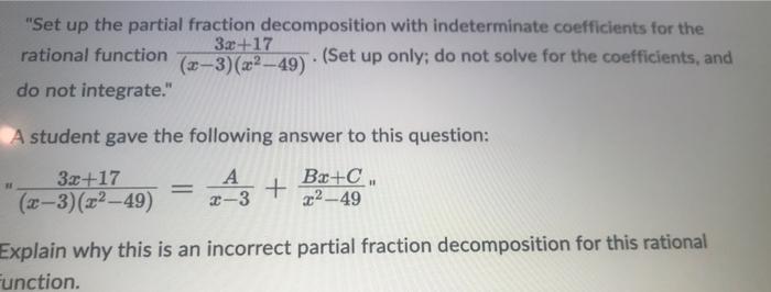 Solved "Set up the partial fraction decomposition with | Chegg.com