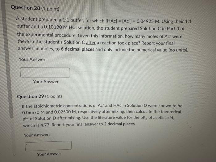Solved A student prepared a 1:1 buffer, for which | Chegg.com