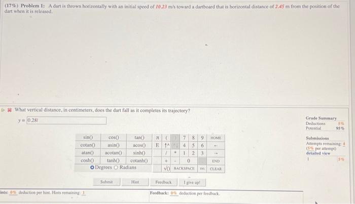 Solved (17\%) Problem 1: A dart is thrown horizontally with | Chegg.com