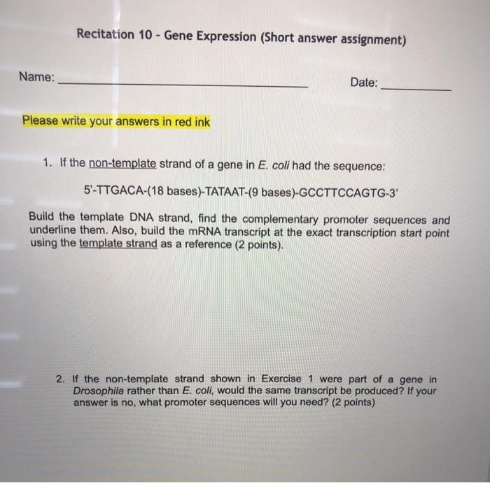Recitation 10 - Gene Expression (Short answer | Chegg.com