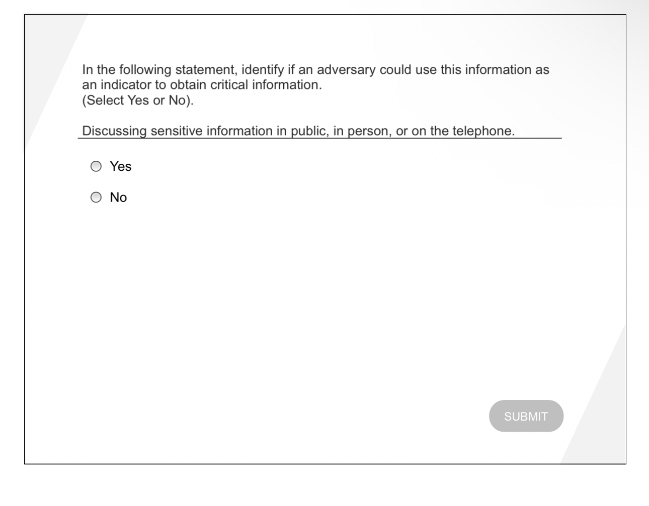 Solved In the following statement, identify if an adversary | Chegg.com