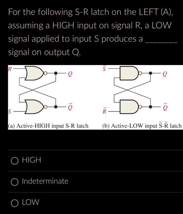 Solved For the following S-R latch on the LEFT (A), assuming | Chegg.com
