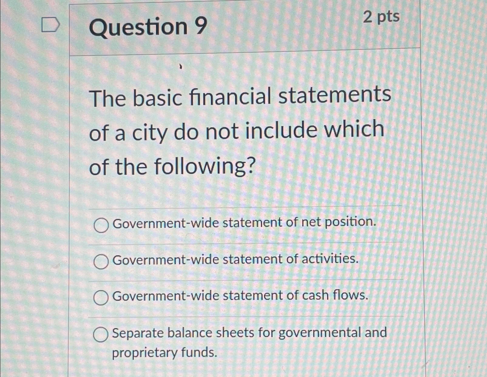 Solved Question 9\\n2 pts\\nThe basic financial statements | Chegg.com Solved Question 9\\n2 pts\\nThe basic financial statements | Chegg.com