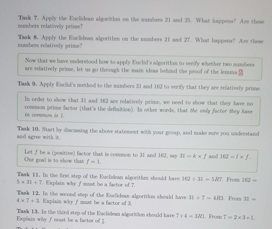 Solved Task 7. Apply the Euclidean algorithm on the numbers | Chegg.com