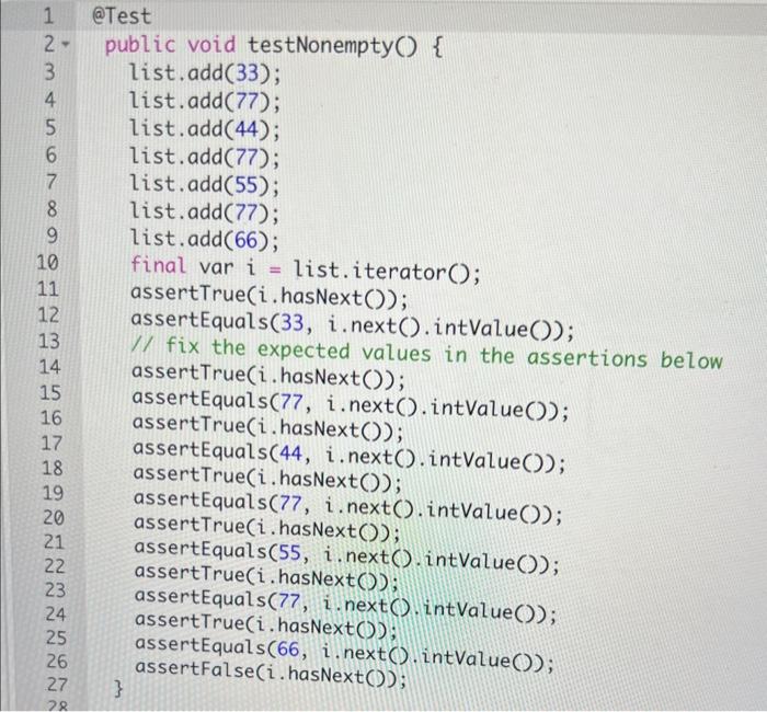Solved @test public void testContainsAll() \{ list. add(33) | Chegg.com