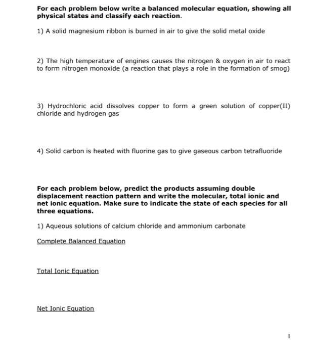 Solved For each problem below write a balanced molecular | Chegg.com