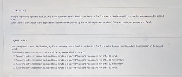 Solved Muspple tegression: open the Youtube regr Excel | Chegg.com