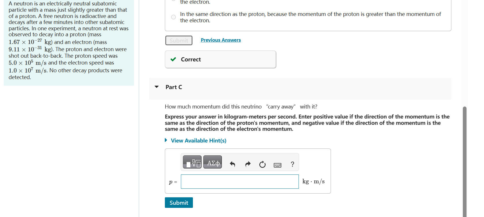 Solved the electron.In the same direction as the proton, | Chegg.com