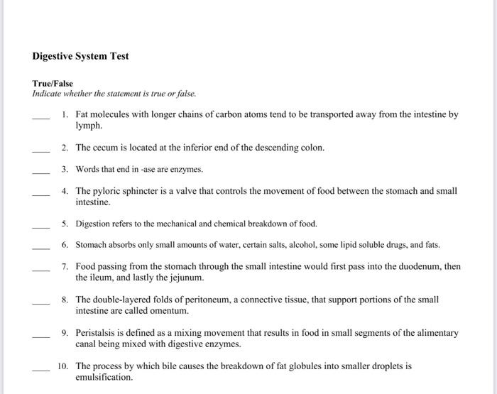 Solved Digestive System Test True/False Indicate whether the | Chegg.com