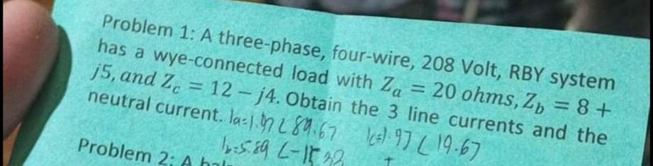 Solved Problem 1: A three-phase, four-wire, 208 Volt, RBY | Chegg.com