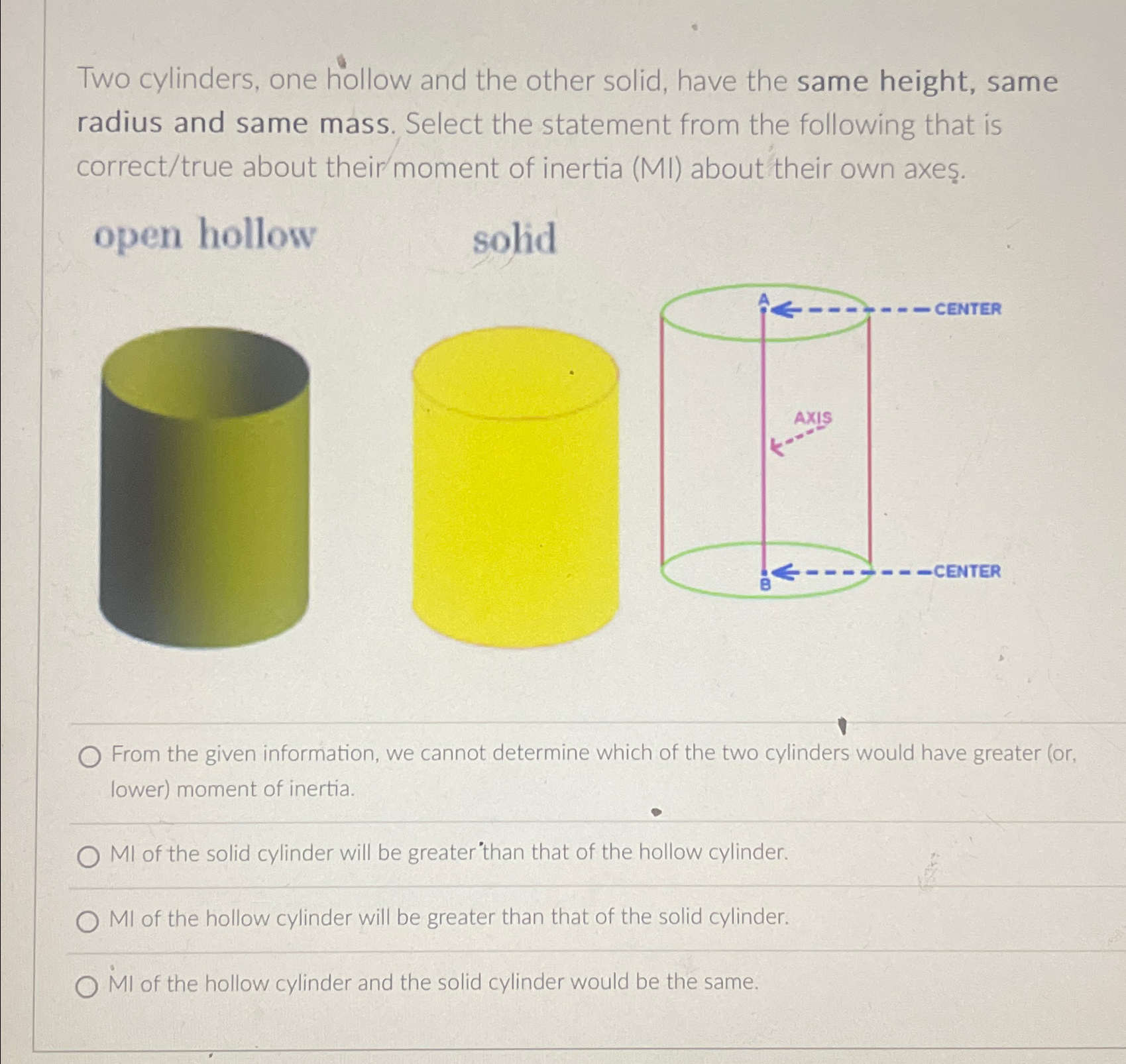 Solved Two cylinders, one hollow and the other solid, have | Chegg.com