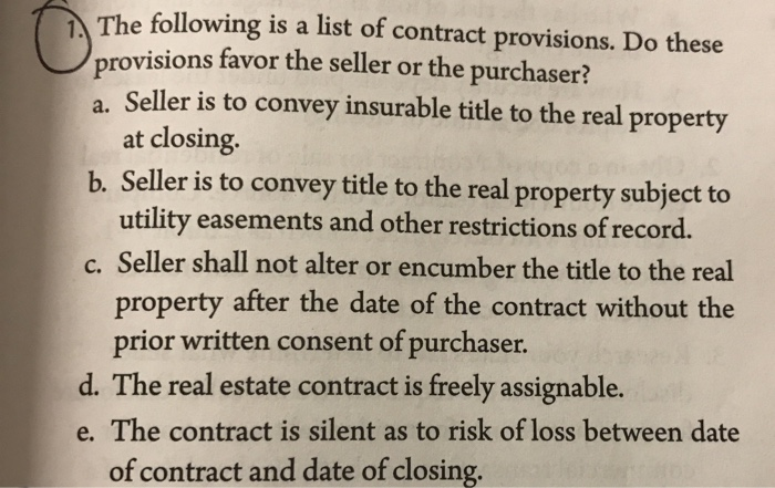 Solved The following is a list of contract provisions. Do | Chegg.com