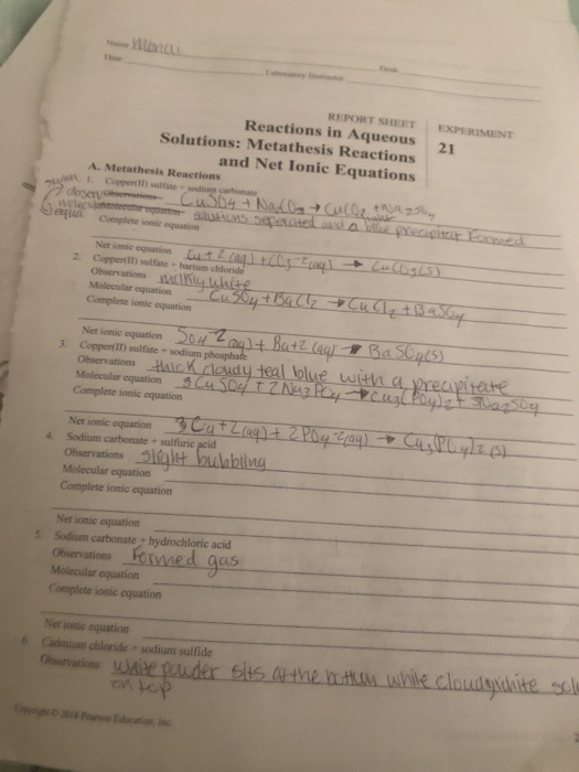 Solved YOL 21 REPORT SHEET XPERIMENT Reactions in Aqueous | Chegg.com