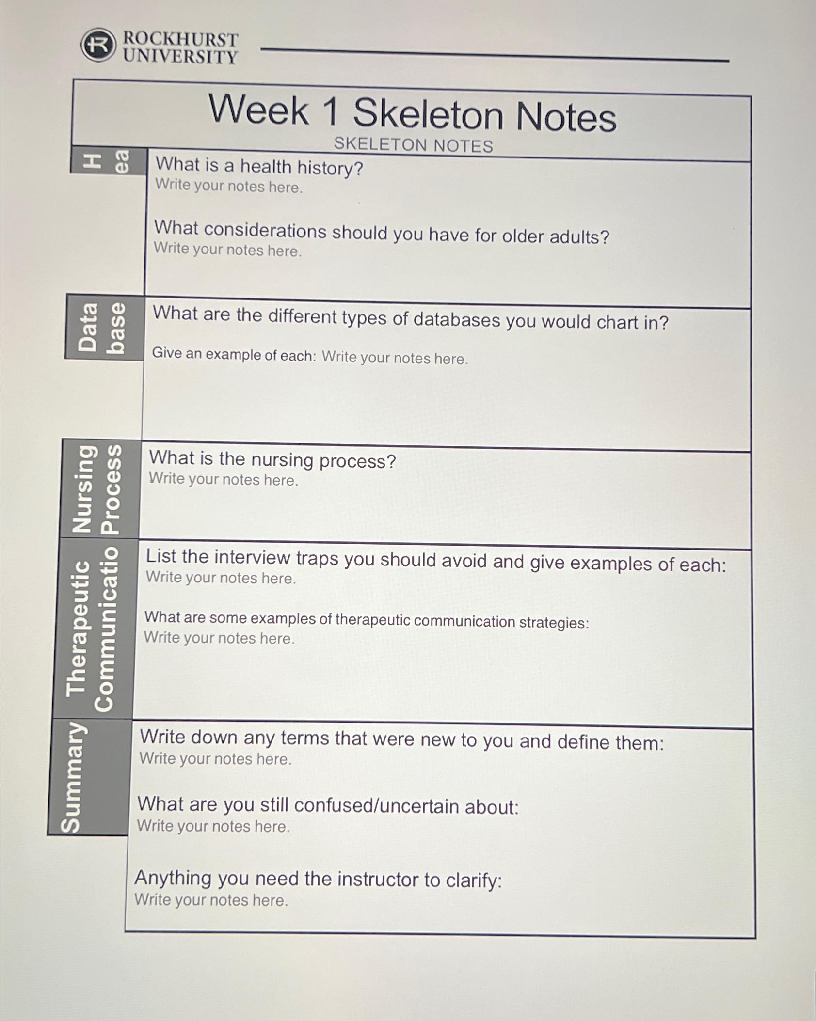 Solved ROCKHURSTUNIVERSITYWeek 1 ﻿Skeleton NotesSKELETON | Chegg.com