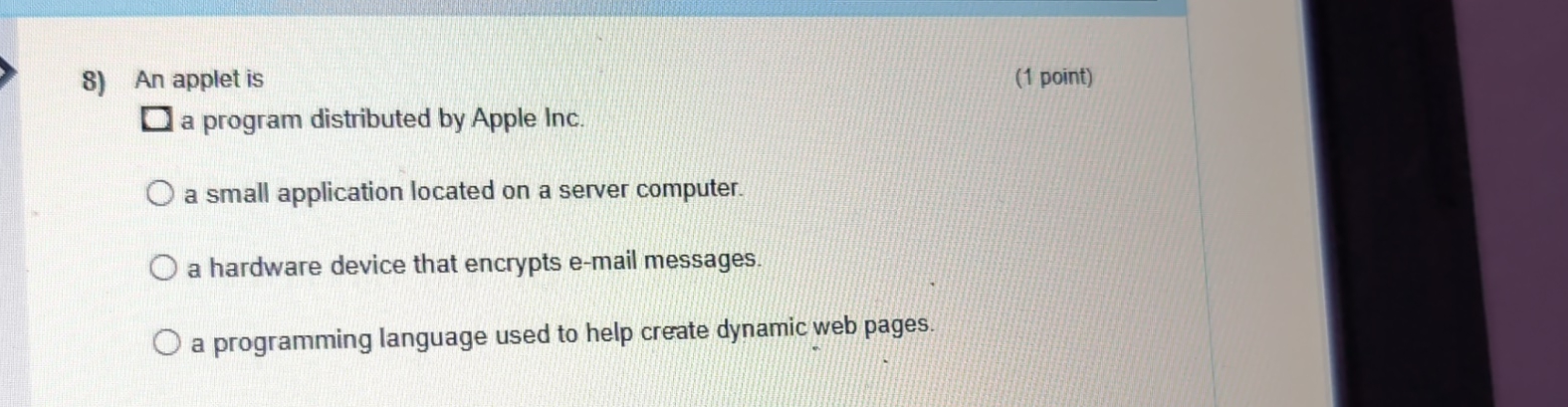 Solved An applet is(1 ﻿point) ﻿a program distributed by | Chegg.com
