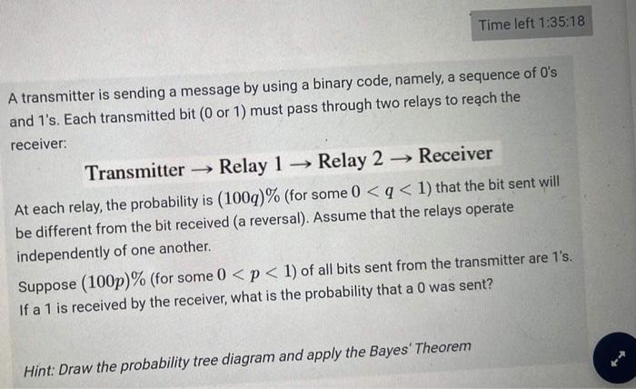 Solved A transmitter is sending a message by using a binary | Chegg.com