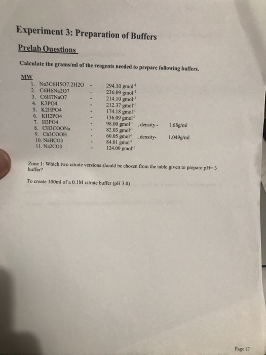 Experiment 3: Preparation of Buffers Prelab Questions | Chegg.com