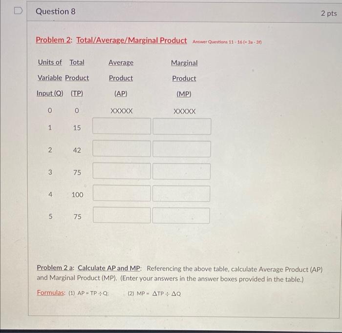 Solved Problem 2: Total/Average/Marginal Product Answer | Chegg.com