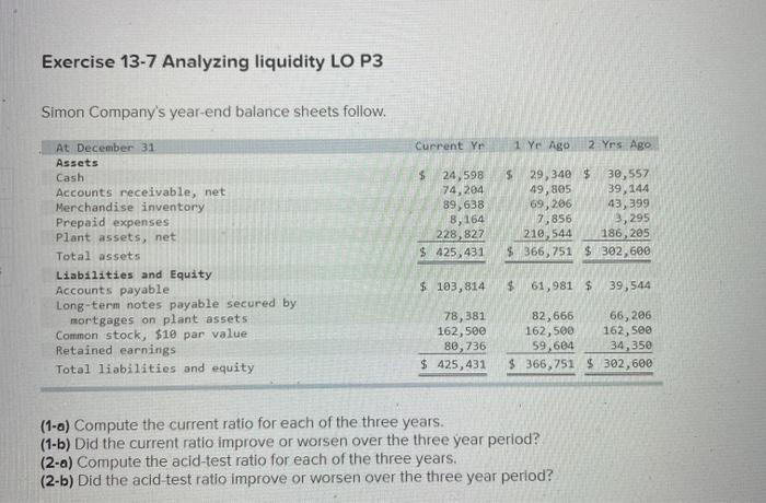Solved Exercise 13-7 Analyzing liquidity LO P3 Simon | Chegg.com