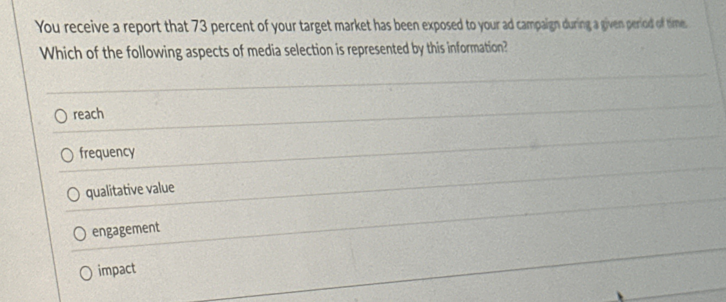 Solved You receive a report that 73 ﻿percent of your target | Chegg.com