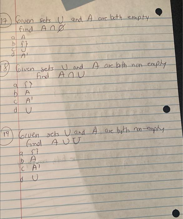 Solved 7) Given sets U and A are both empty find A∩∅ a A b | Chegg.com