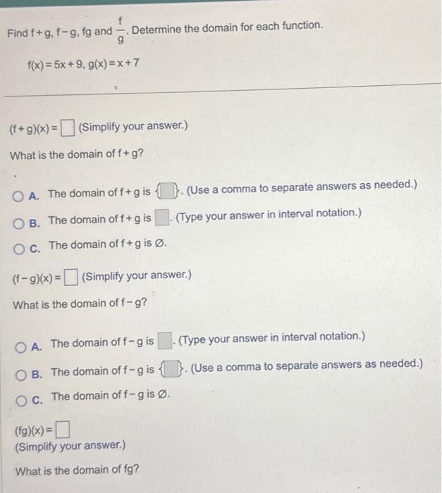Solved Find f+g,f−g,fg and gf. Determine the domain for each | Chegg.com