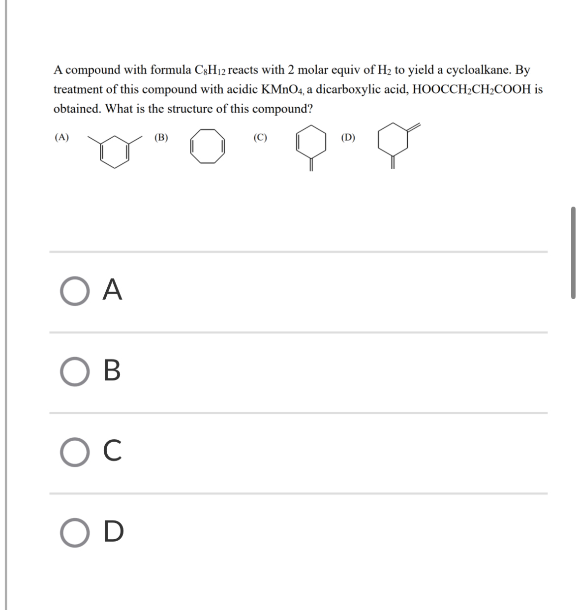 Solved A compound with formula C8H12 ﻿reacts with 2 ﻿molar | Chegg.com